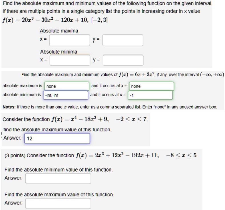 SOLVED: Find the absolute maximum and minimum values of the following function on the given ...