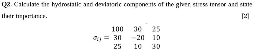 Q2. Calculate the hydrostatic and deviatoric components of the given stress tensor and state ...