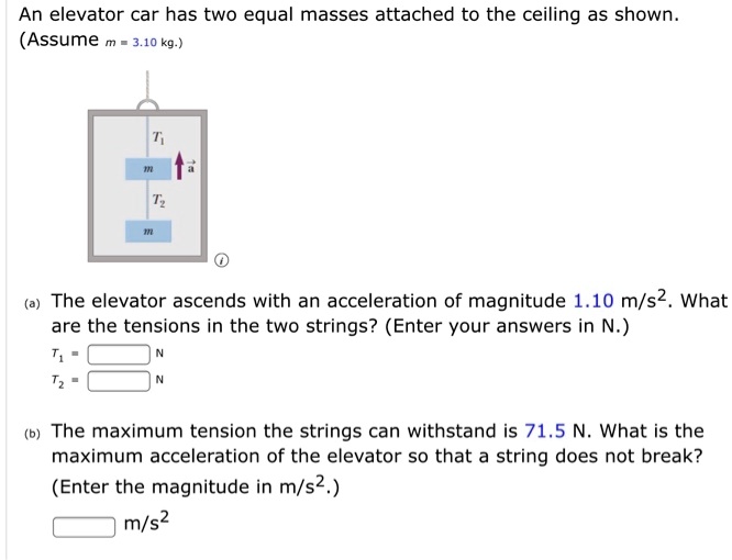 SOLVED: An elevator car has two equal masses attached to the ceiling as shown (Assume 3.10 kg ...