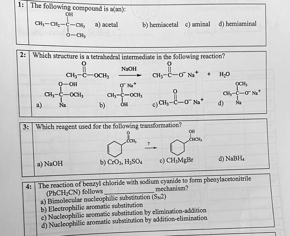 1: The following compound is a(an): OH CH3-CH2-C-CH3 a) acetal b ...