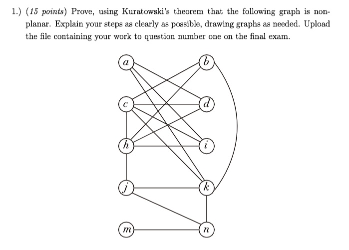 1.) (15 points) Prove, using Kuratowski's theorem that the following graph is non-planar ...