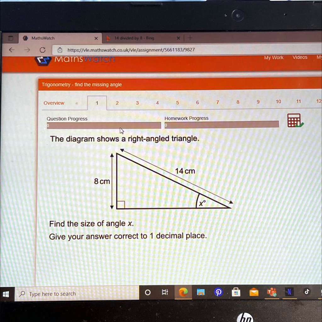 the diagram shows a right angled triangle 14 cm 8cm fo find the size of ...