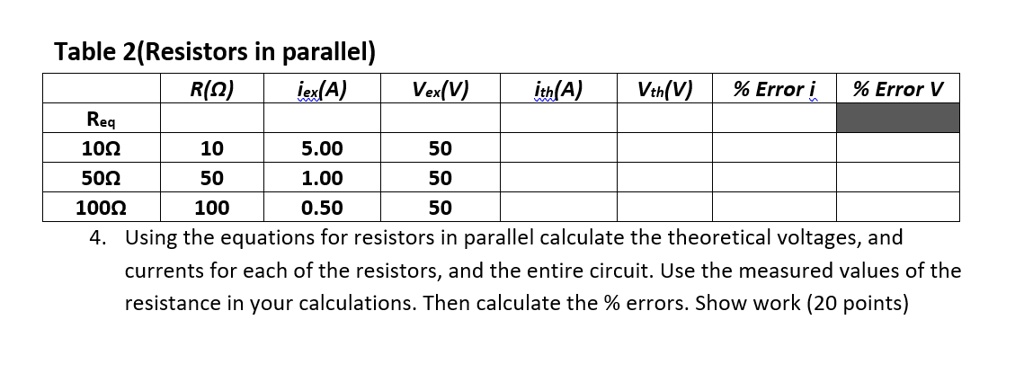 SOLVED: Table 2 (Resistors in parallel) R (Î©) iex (A) Vex (V) ith (A) Vth (V) % Error % Error V ...