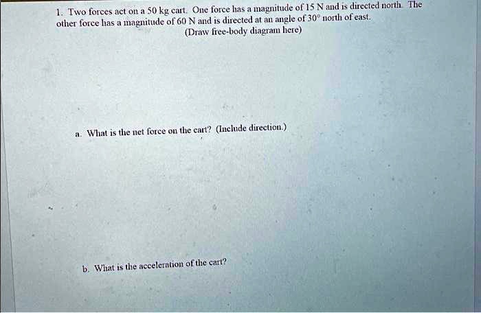 Solved Two Forces Act On A 50 Kg Cart One Force Has A Magnitude Of 15 N And Is Directed North