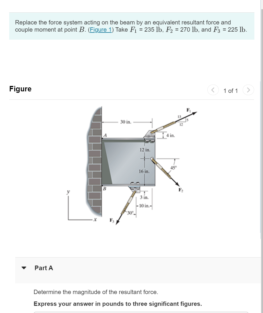 Replace the force system acting on the beam by an equivalent resultant force and couple moment ...
