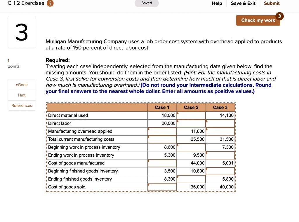 SOLVED: CH 2 Exercises Saved Help Save Exit Submit Check my work 3 Mulligan Manufacturing ...