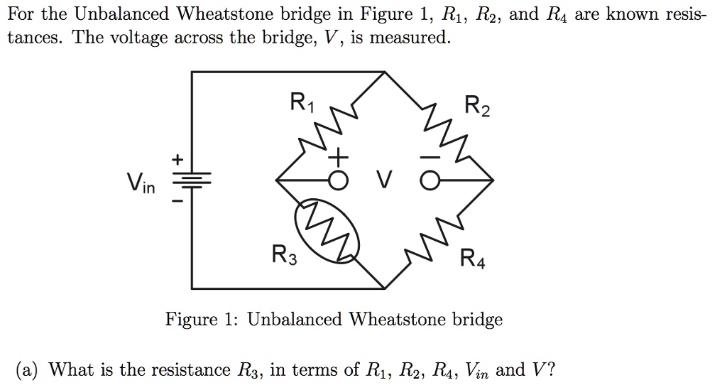SOLVED: For the Unbalanced Wheatstone bridge in Figure 1, Ri, R2, and R4 are known resis- tances ...
