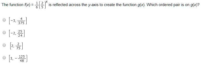 'PLEASE HELP! The function f(x) = One-sixth (two-fifths) Superscript x is reflected across the y ...