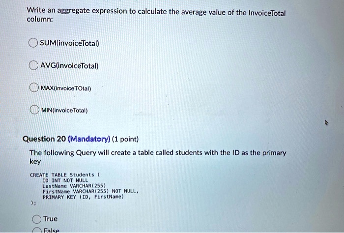 Solved Write An Aggregate Expression To Calculate The Average Value Of The Invoicetotal Column