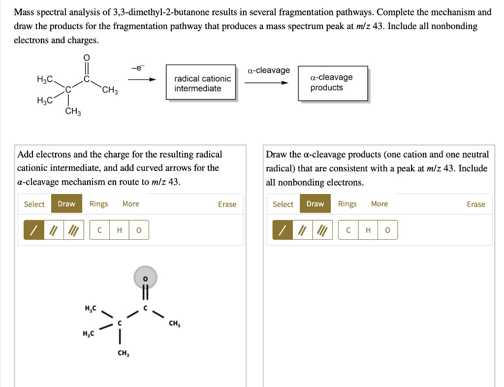 mass spectral analysis of 33 dimethyl 2 butanone results in several ...