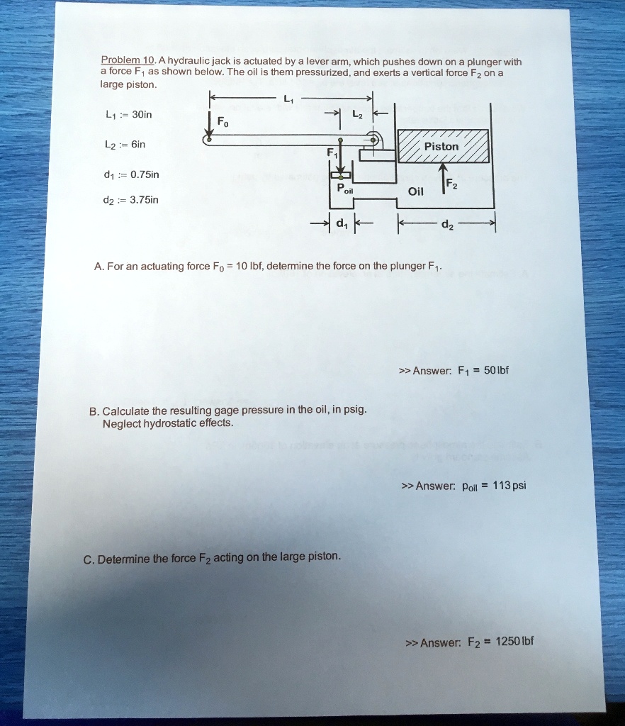 Problem 10. A hydraulic jack is actuated by a lever arm, which pushes ...