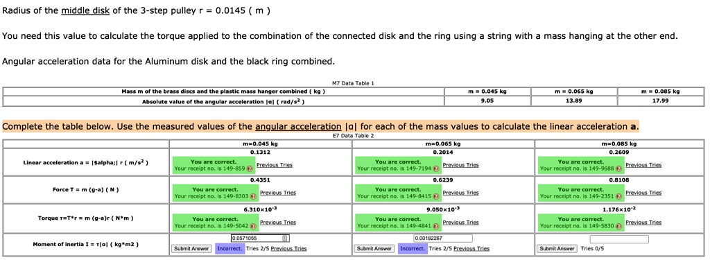 SOLVED: Radius of the middle disk of the 3-step pulley 0.0145 ( m ) You ...