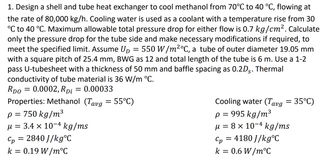 SOLVED: Design a shell and tube heat exchanger to cool methanol from ...