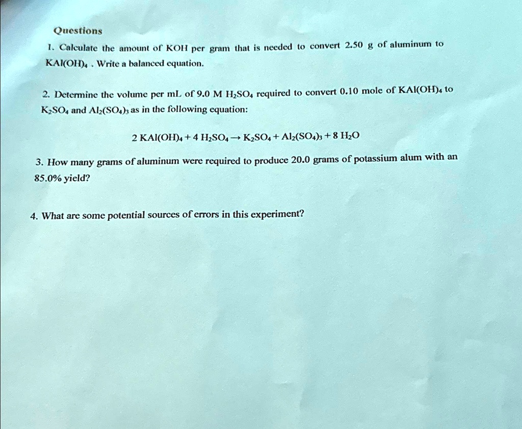 SOLVED: Questions Calculate the amount of KOH per gram that is needed to convert 2.50g of ...