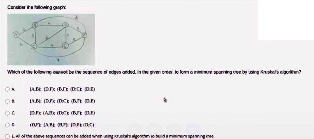 SOLVED: Consider the following graph: Which of the following cannot be the sequence of edges ...