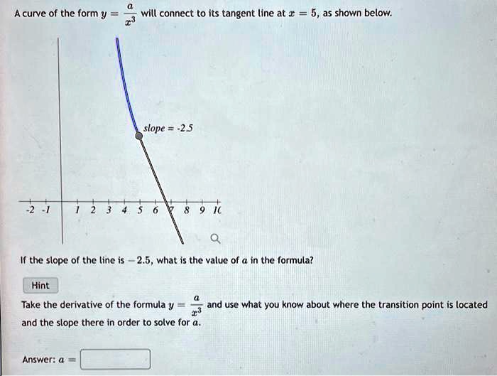 SOLVED: A curve of the form y = ax^2 will connect to its tangent line at x = 5, as shown below ...