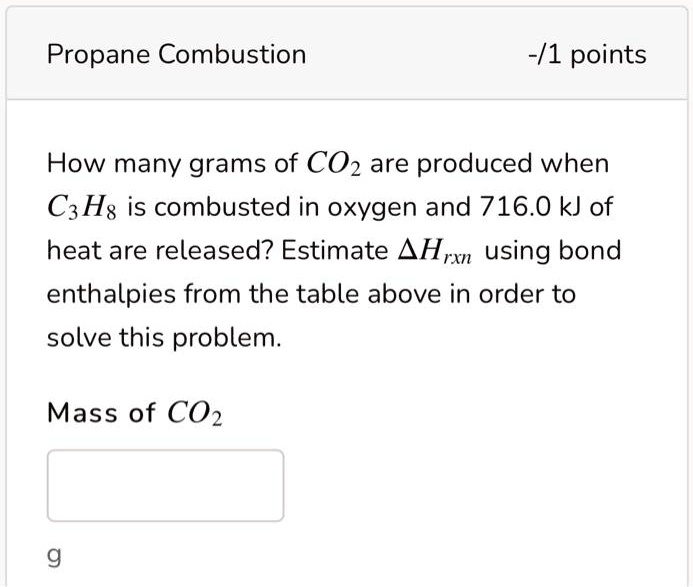 SOLVED: Propane Combustion -1 point How many grams of CO2 are produced when C3H8 is combusted in ...