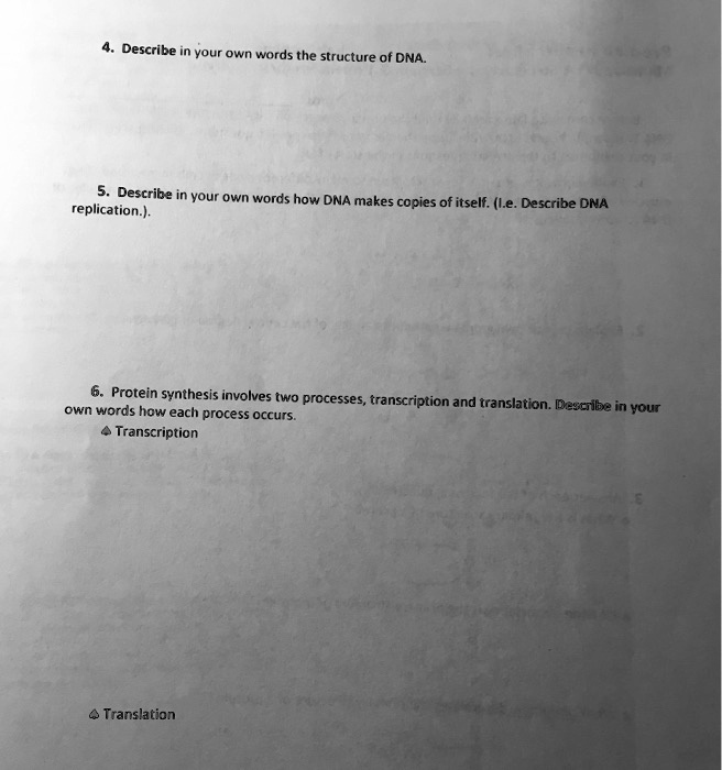 SOLVED: Describe Your Own words the structure of DNA_ Describe in your own words how DNA makes ...