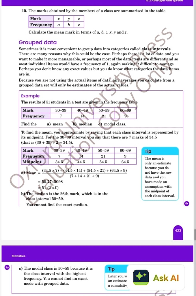 10 the marks obtained by the members of a class are summarised in the ...