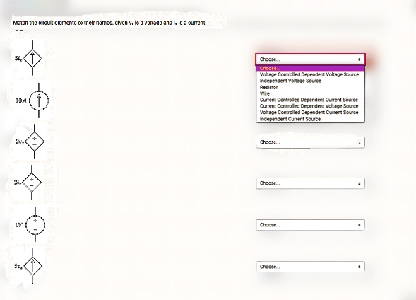 SOLVED: Texts: Match the circuit element to their names given a voltage and I is a current ...