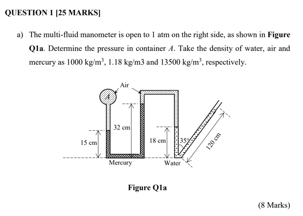 question 1 25 marks a the multi fluid manometer is open to l atm on the ...