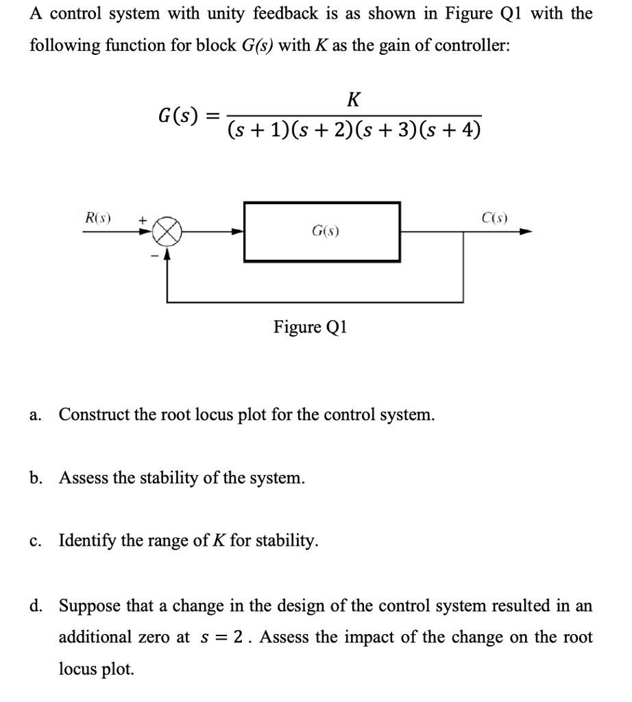 SOLVED: A control system with unity feedback is as shown in Figure Q1 with the following ...