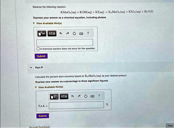 SOLVED: Balance the following reaction: KMnO4(aq) + KOH(aq) + KI(aq ...