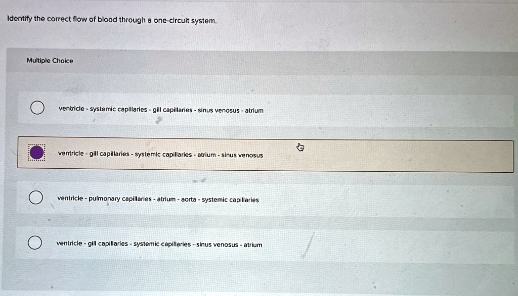 Identify the correct flow of blood through a one-circuit system. Multiple Choice ventricle ...