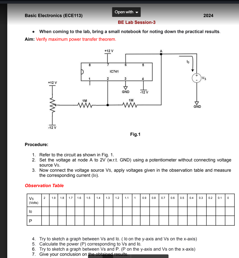 [GET ANSWER] Basic Electronics (ECE113) Open with 2024 BE Lab Session-3 - When coming to the lab ...