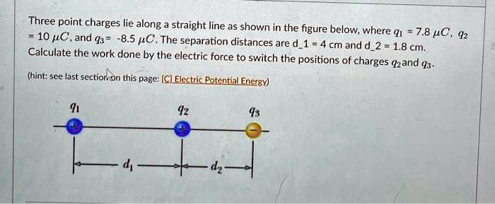 Three point charges lie along a straight line as shown in the figure below, where q1 = 10 pC, q2 ...