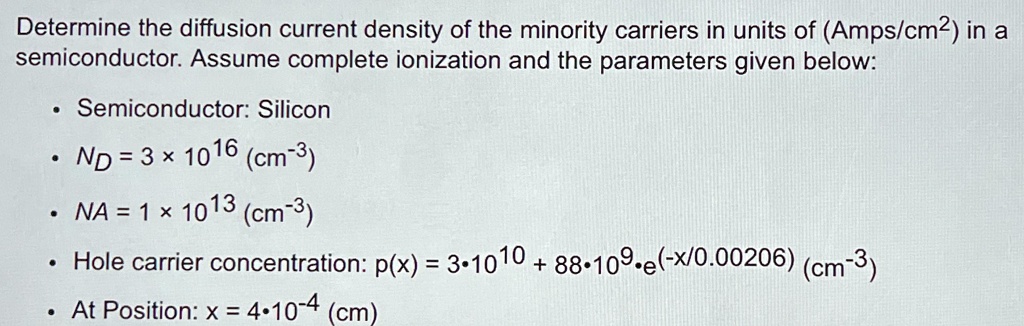 SOLVED: Determine the diffusion current density of the minority carriers in units of (Amp(s)/(c ...