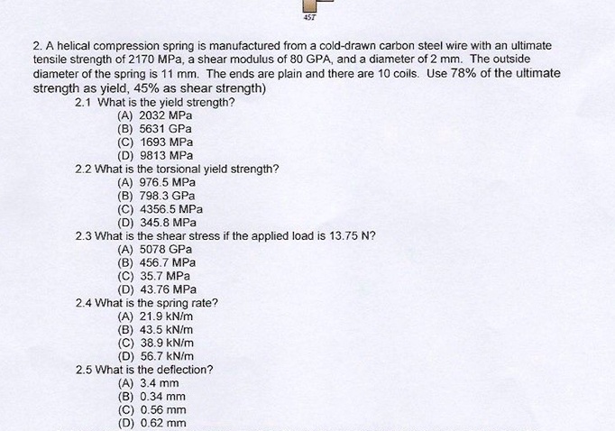 SOLVED: A helical compression spring is manufactured from a cold-drawn ...
