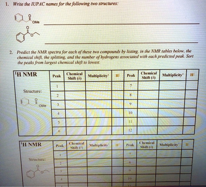 SOLVED: Write the IUPAC names for the following two structures: OMe Predict the NMR spectra for ...