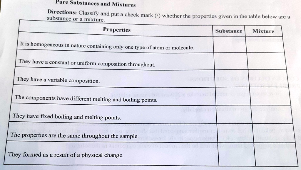 Pure Substances and Mixtures Directions: Classify and put a check mark (/) whether the ...