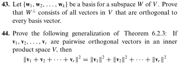 43 let w wz wa be a basis for a subspace w of v prove that wl consists of all vectors in v that ...