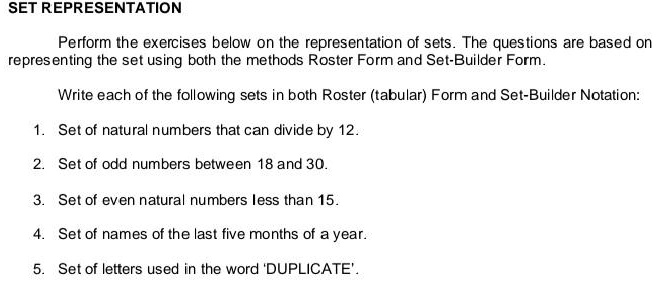Solved Set Representation Perform The Exercises Below On The Representation Of Sets The
