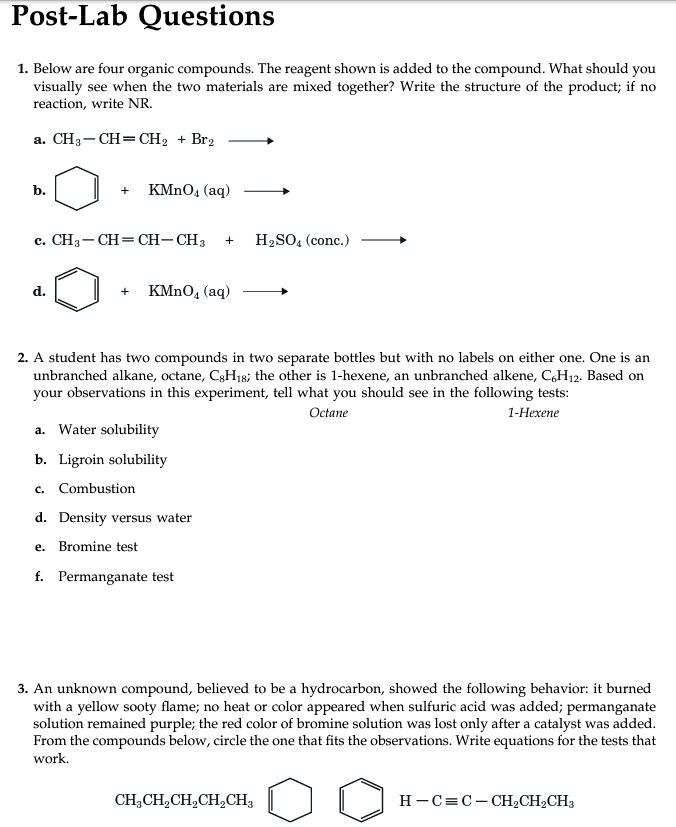 Post-Lab Questions 1. Below are four organic compounds. The reagent ...