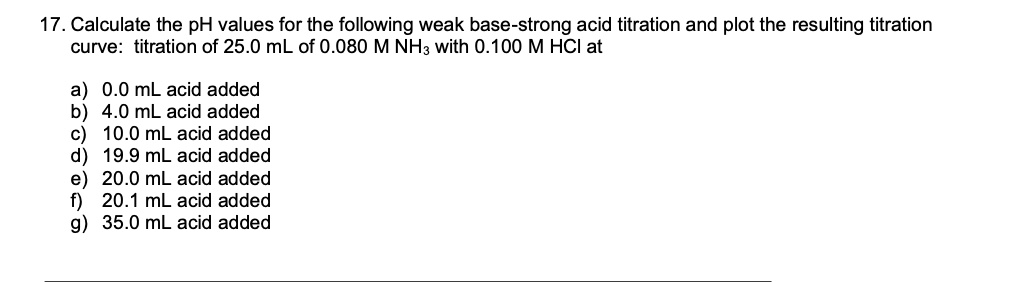 SOLVED: Calculate the pH values for the following weak base-strong acid ...
