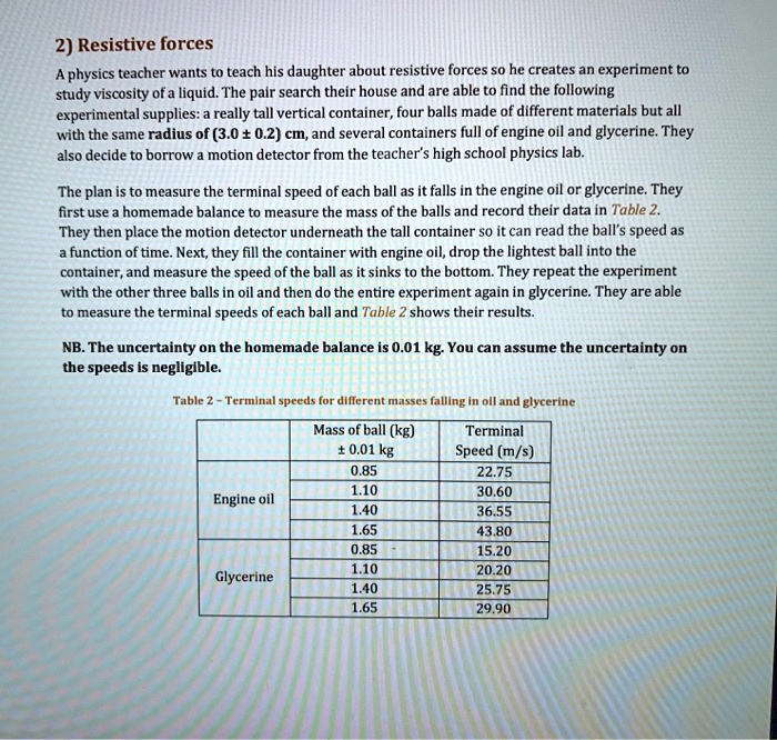 SOLVED: 2) Resistive forces physics teacher wants t0 teach his daughter about resistive forces ...