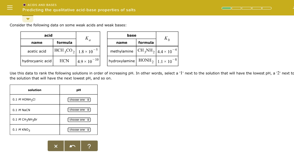 SOLVED: Acids AND BASES Predicting the qualitative acid base properties 0f salts Consider the ...