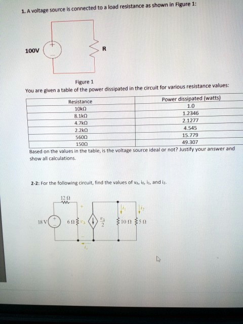 1. A voltage source is connected to a load resistance as shown in Figure 1: 100V + Figure 1 R ...