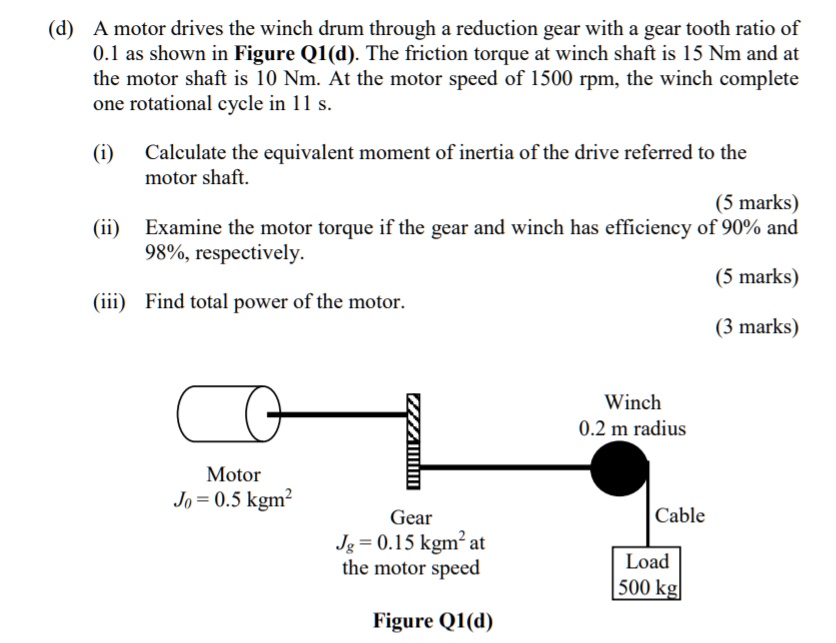 (d) A motor drives the winch drum through a reduction gear with a gear ...