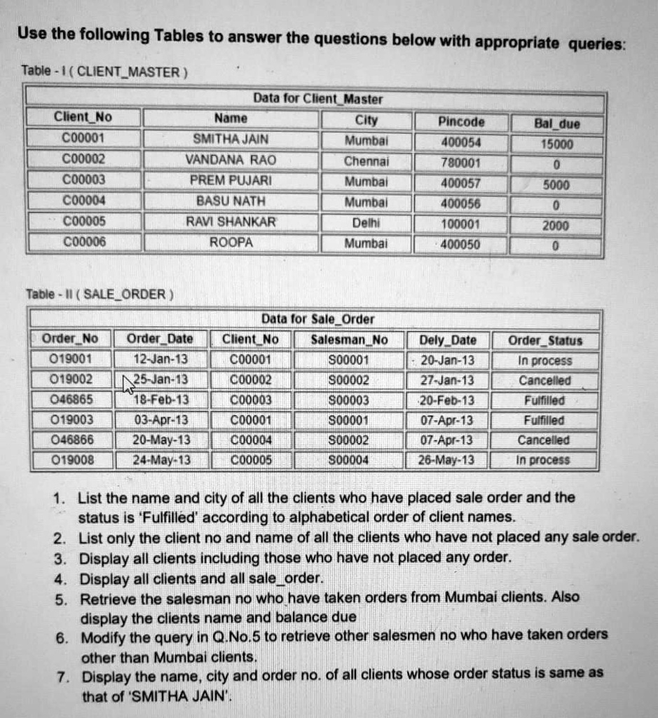 SOLVED: Use the following Tables to answer the questions below with ...