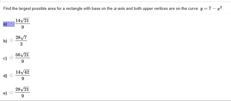 SOLVED: Find the largest possible area for rectangle with base on the >-axis and both upper ...