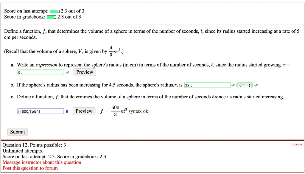 Define a function, f, that determines the volume of a sphere in terms ...