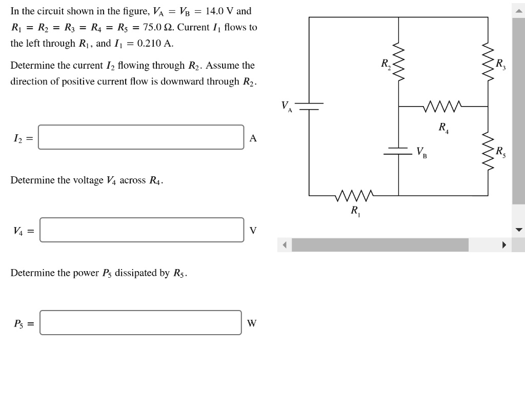SOLVED: In the circuit shown in the figure. VA VB 14.0 V and Ri = Rz = R3 = R4 Rs 75.0) 9 ...