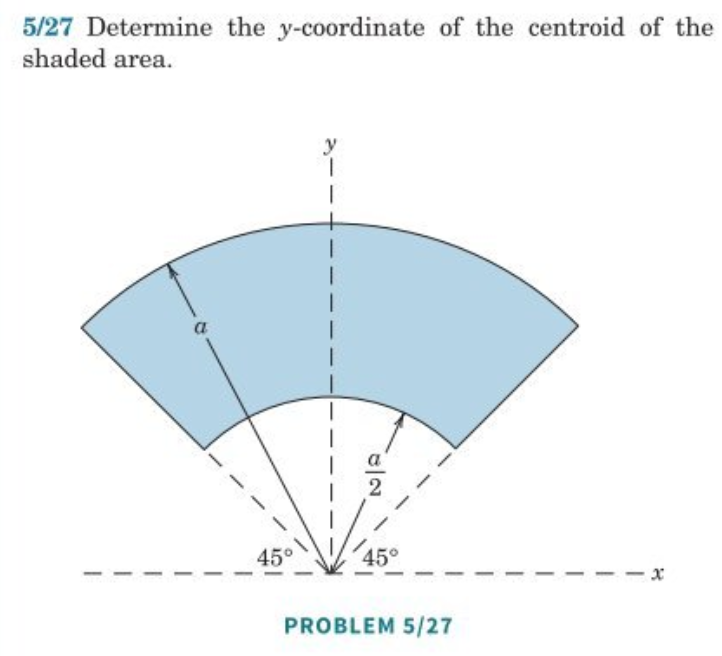5/27 Determine the y-coordinate of the centroid of the shaded area. PROBLEM 5/27