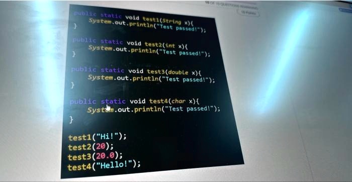 Texts: UDLIC static void testiString x System.out.printin("Test passed ...