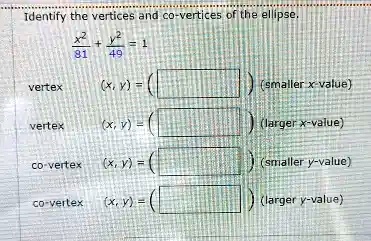 Identify the vertices and co-vertices of the ellipse. (x^2)/(81) + (y^2 ...