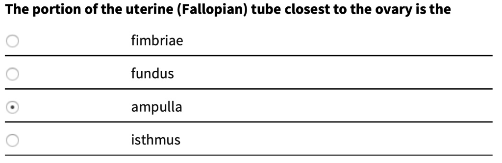 SOLVED: The portion of the uterine (Fallopian) tube closest to the ...